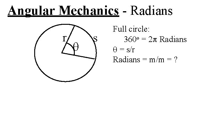 Angular Mechanics Radians r s Full circle 360