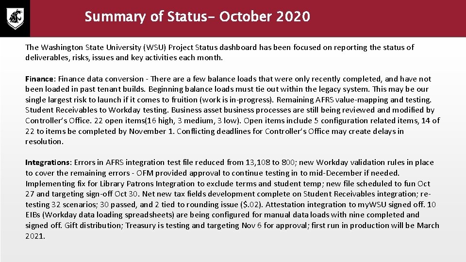 WSU Workday Project Status Dashboard October 28 2020