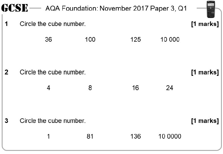 Cube Numbers Foundation GCSE Questions AQA These questions