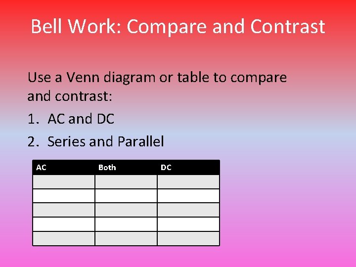 Bell Work Compare and Contrast Use a Venn