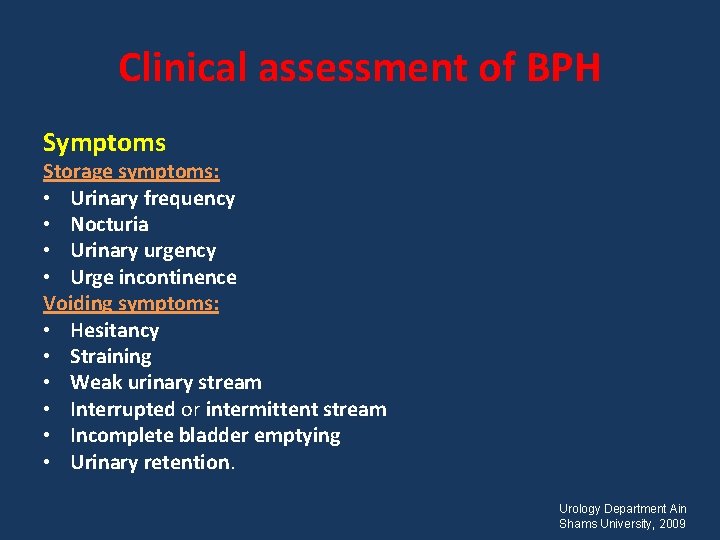 Benign Prostatic Hyperplasia BPH Urology Department Ain Shams