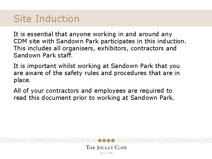 Sandown Park Exhibition Centre Site Induction Construction Design