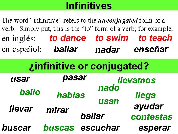Infinitives The word infinitive refers to the unconjugated