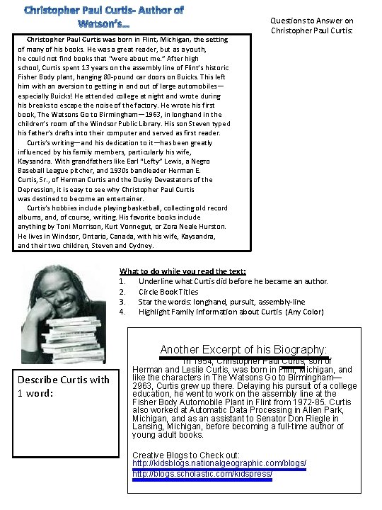 Christopher Paul Curtis BLOG assignment Scholastic Book Publishing