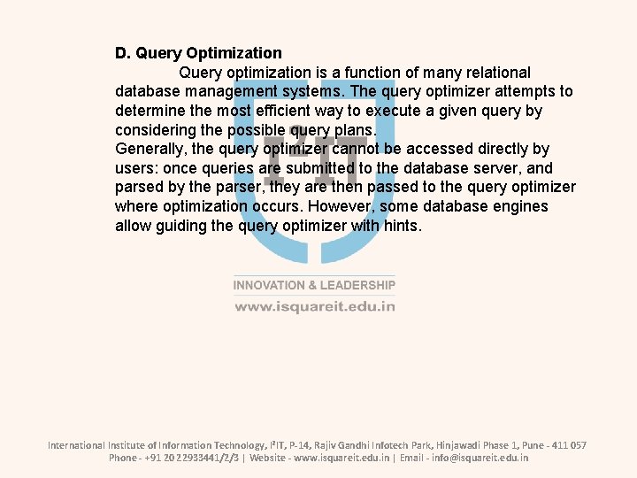 DATABASE QUERY OPTIMIZATION Ramkrushna M Department of Computer