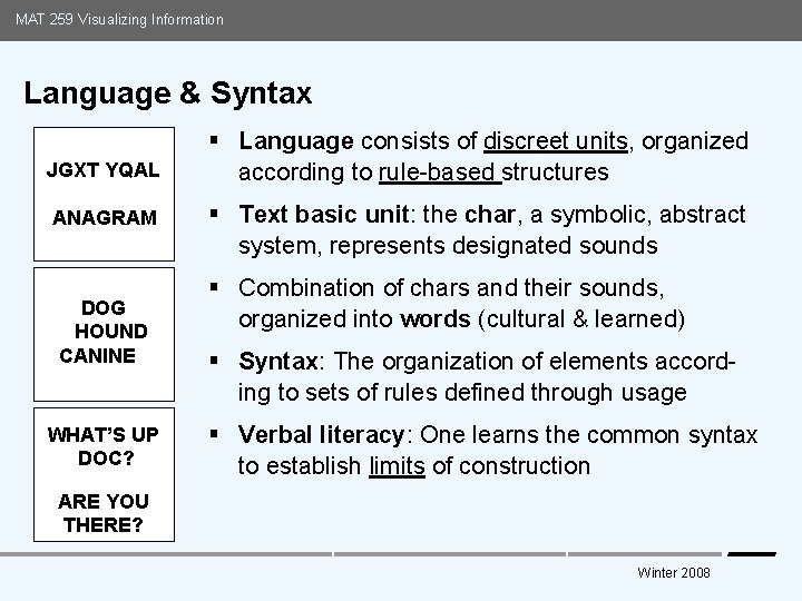 MAT 259 Visualizing Information Visual Language Basics Spatial