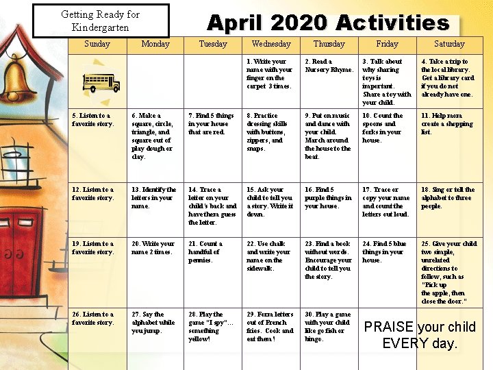 April 2020 Activities Getting Ready for Kindergarten Sunday