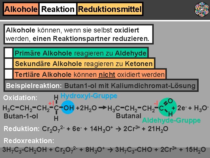 Alkohole Reaktion Alkalimetalle Unter Bildung von Wasserstoff reagieren