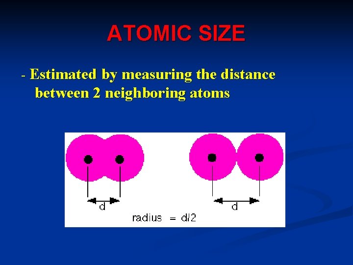 ATOMIC SIZE Estimated by measuring the distance between