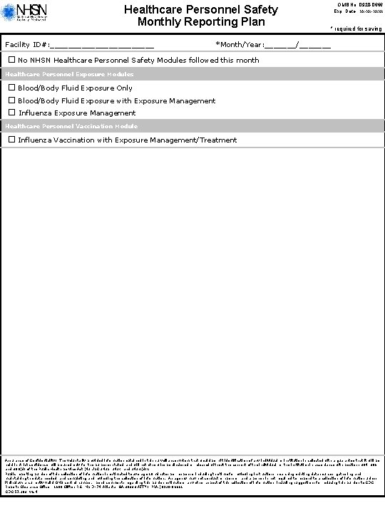 Healthcare Personnel Safety Monthly Reporting Plan Facility ID