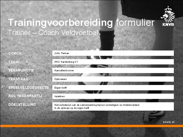 Trainingvoorbereiding formulier Trainer Coach Veldvoetbal COACH John Tieman