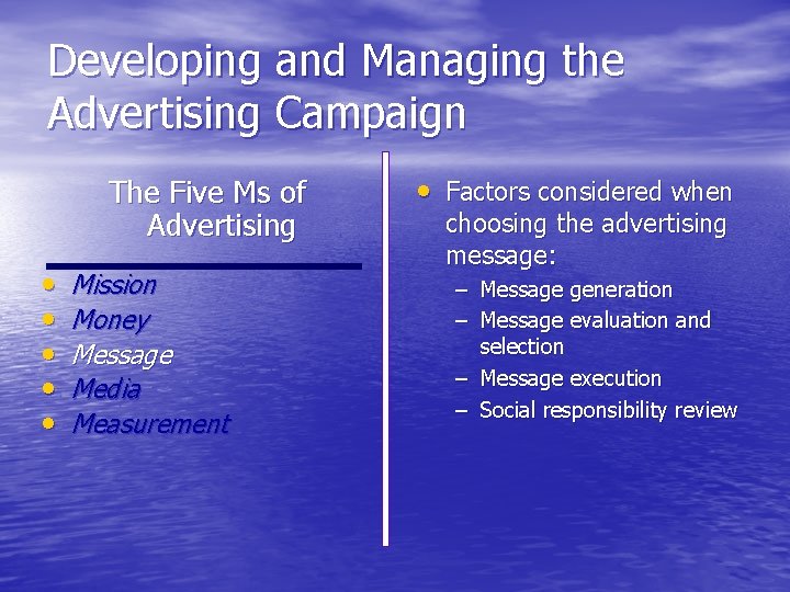 Developing and Managing the Advertising Campaign The Five