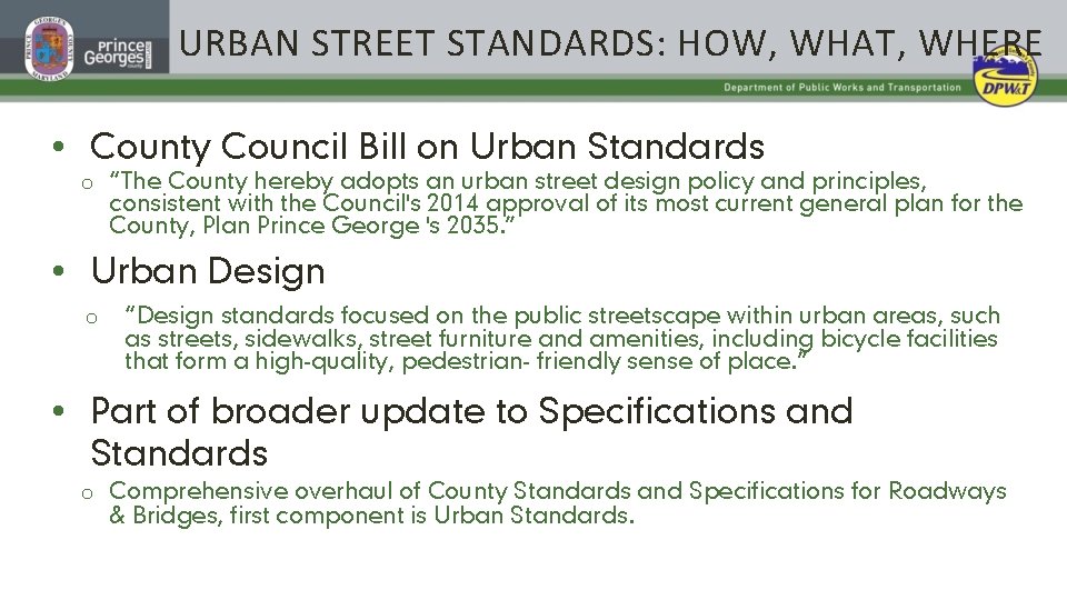 PRINCE GEORGES COUNTY URBAN SPECIFICATIONS AND STANDARDS FOR