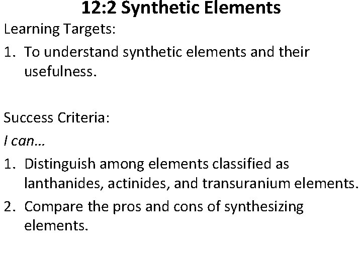 Kinds of Substances Unit 4 Elements and Their