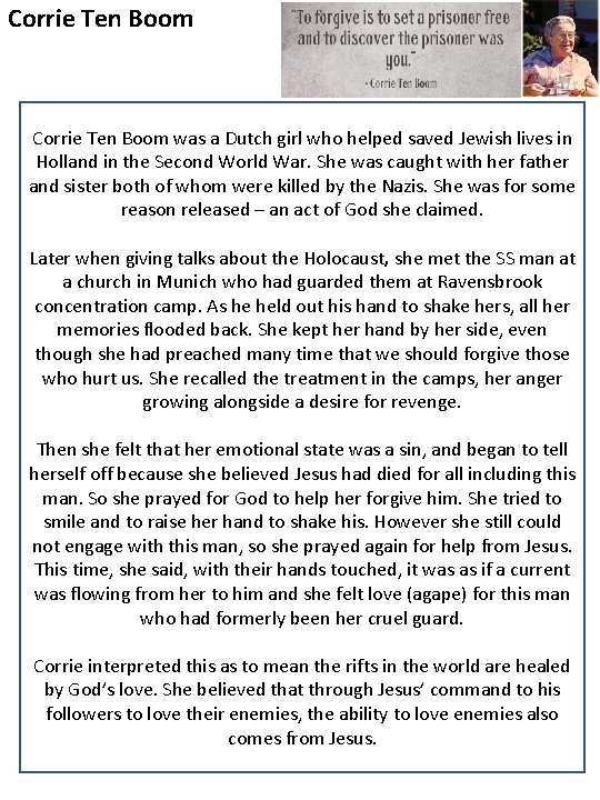 Corrie Ten Boom was a Dutch girl who