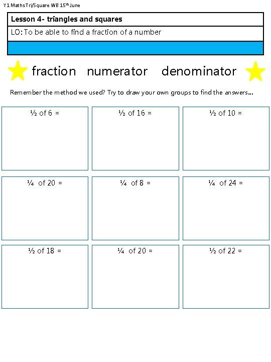 Y 1 Maths TriSquare WB 15 th June