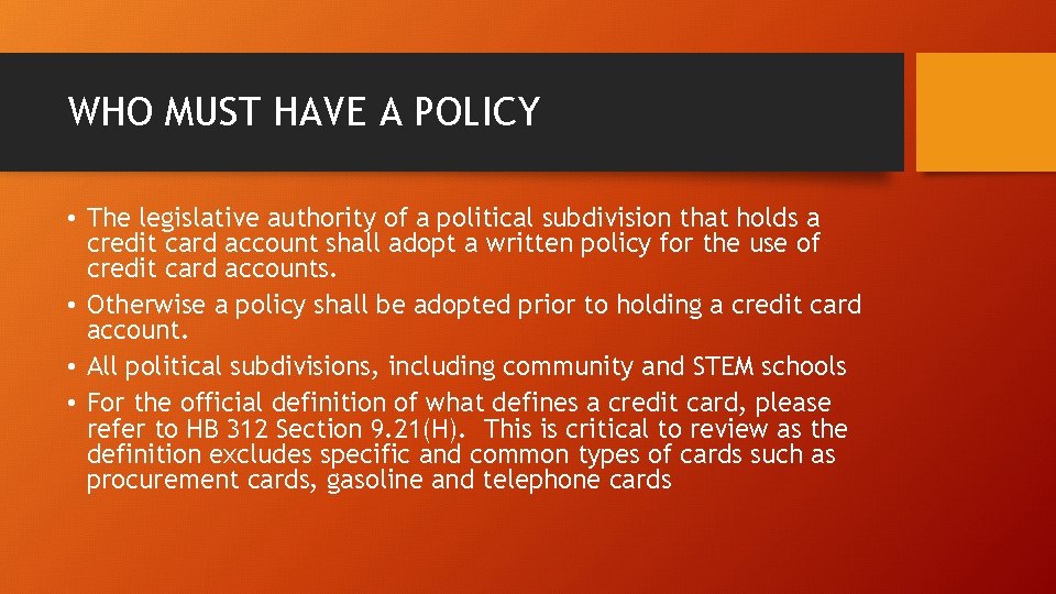 HB 312 Summary Credit Card Policies and Procedures