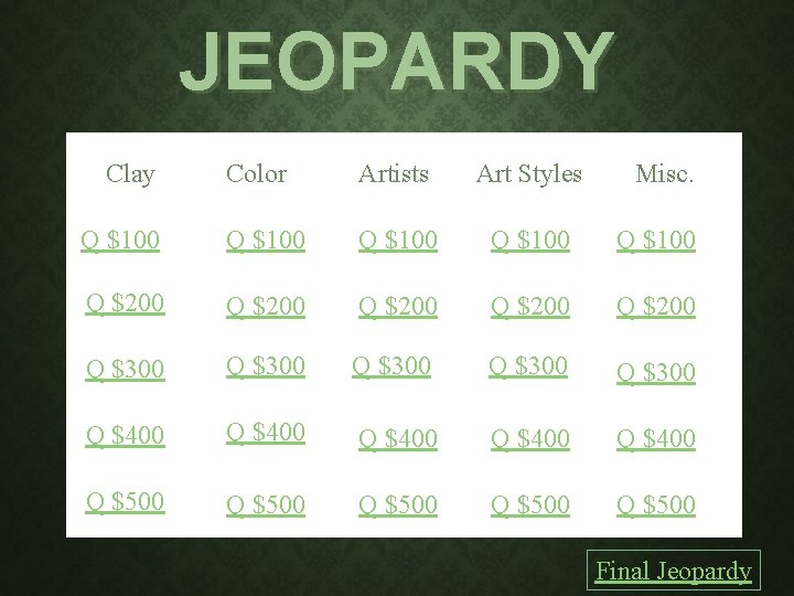 JEOPARDY Clay Color Artists Art Styles Misc Q