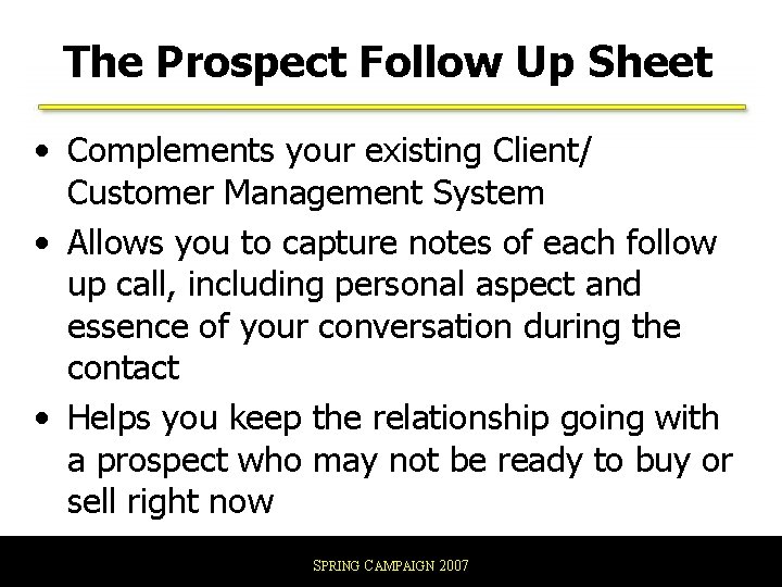 Weekly Training Session The Prospect Follow Up Sheet
