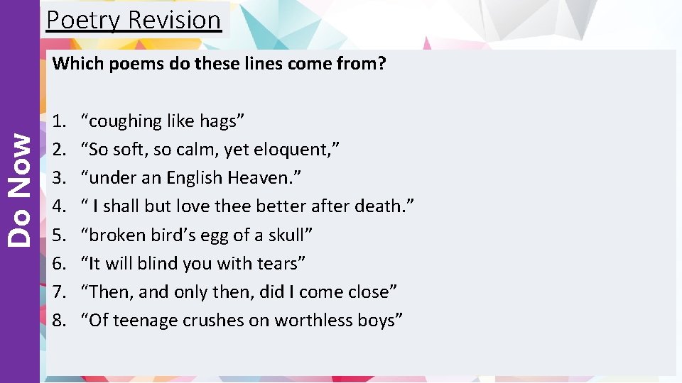 Do Now Poetry Revision Which poems do these