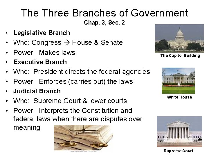 The Three Branches of Government Chap 3 Sec