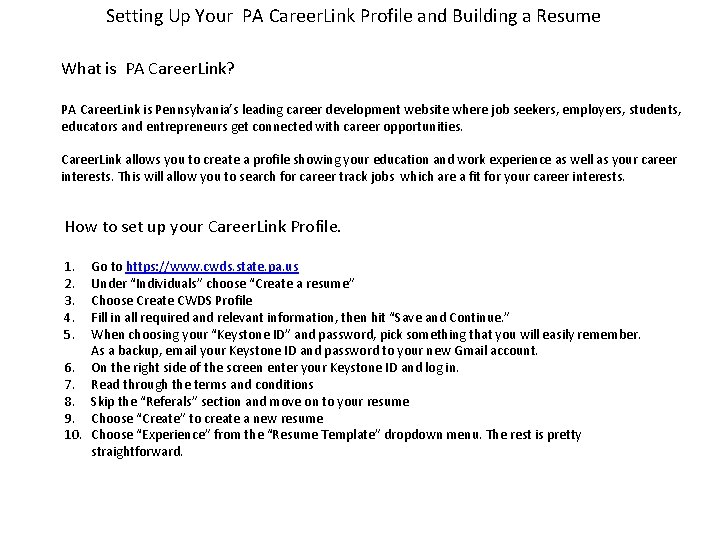 Setting Up Your PA Career Link Profile and