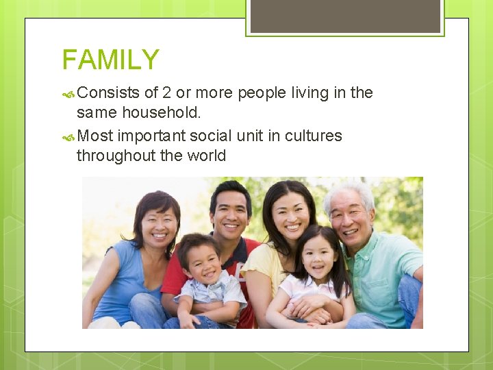 Types of Families FAMILY Consists of 2 or