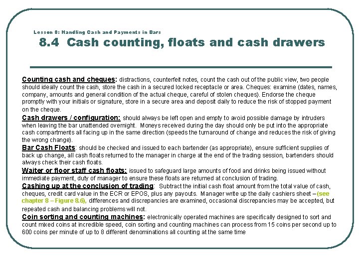 Lesson 8 Handling Cash and Payments in Bars