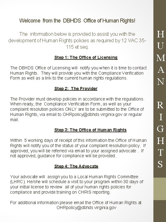 Welcome from the DBHDS Office of Human Rights