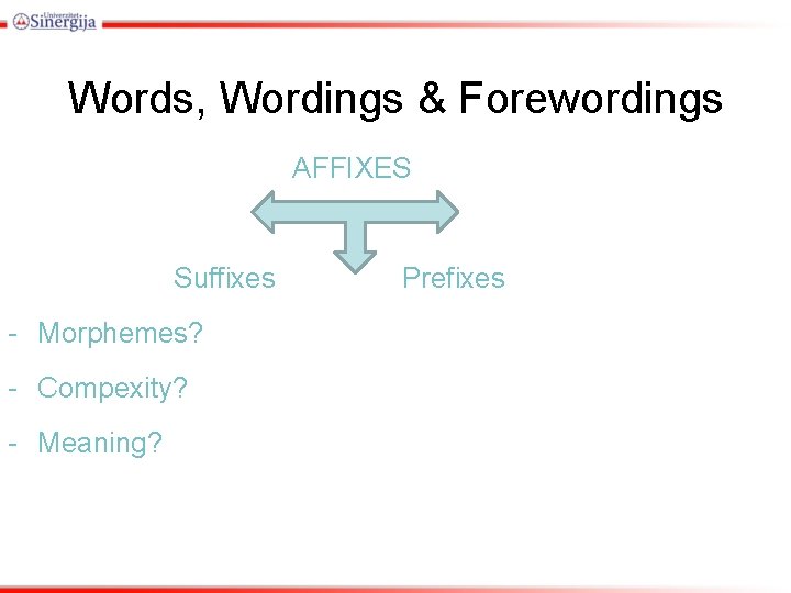 Words Wordings Forewordings AFFIXES Suffixes Morphemes Compexity Meaning