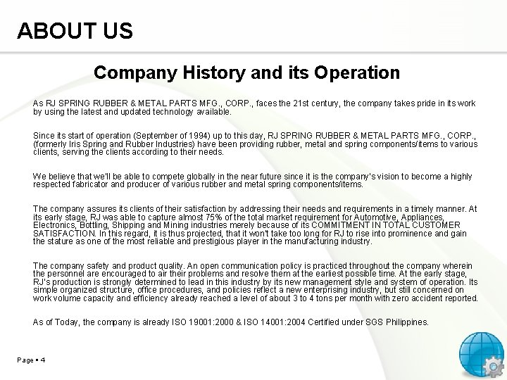 RJ SPRING RUBBER AND METAL PARTS MFG CORP