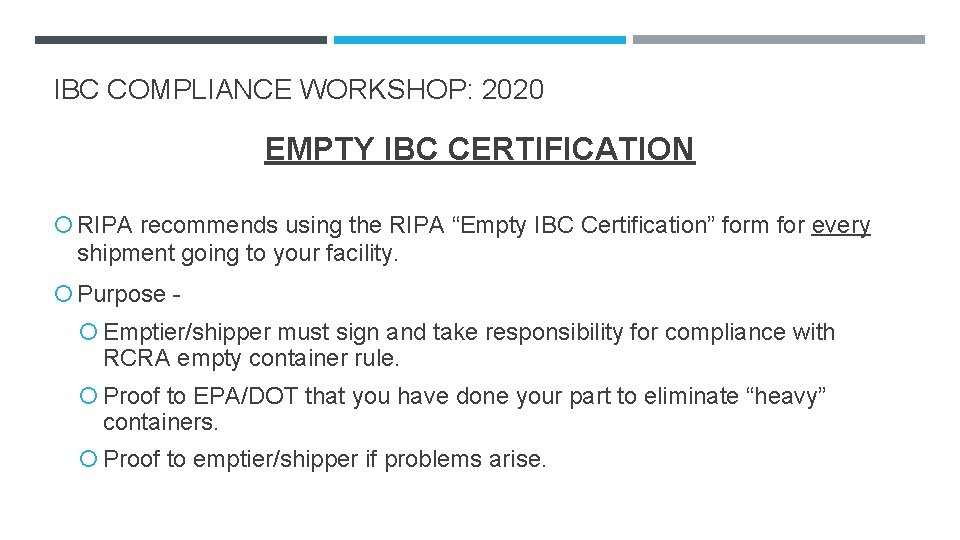 RIPA IBC COMPLIANCE WORKSHOP 2020 AN INTRODUCTION TO