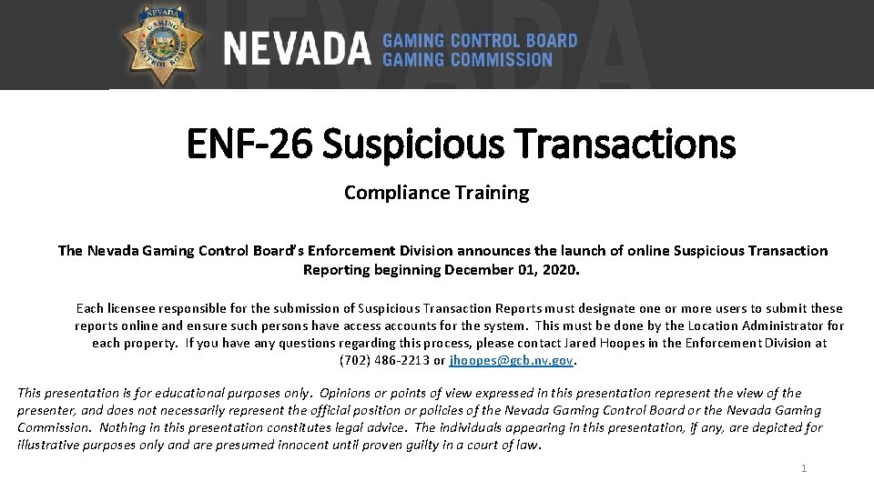 ENF26 Suspicious Transactions Compliance Training The Nevada Gaming