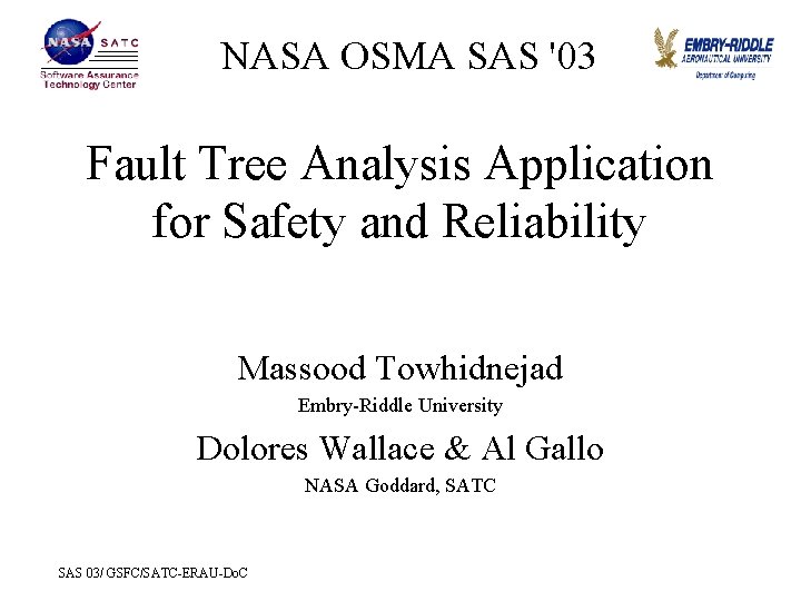 NASA OSMA SAS 03 Fault Tree Analysis Application