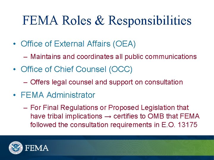 FEMA Tribal Consultation Policy FEMAs Mission To support