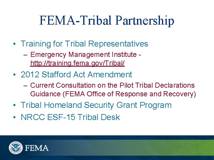 FEMA Tribal Consultation Policy FEMAs Mission To support
