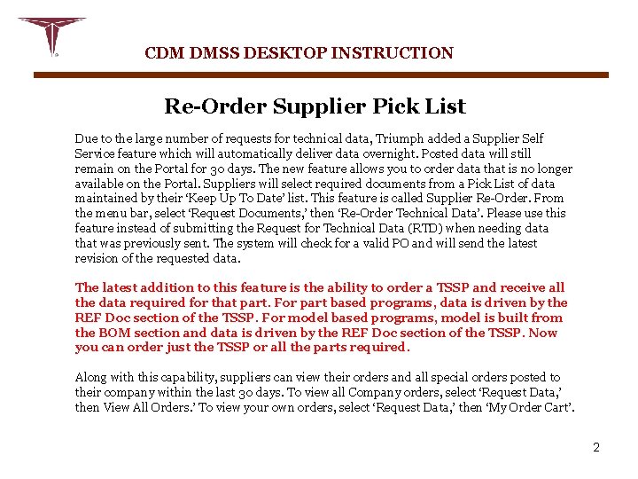 CDM DMSS Desktop Instruction ReOrder supplier Pick List