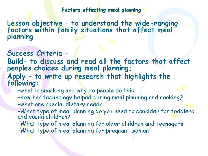 Factors Affecting Meal Planning Lesson Objective To Understand