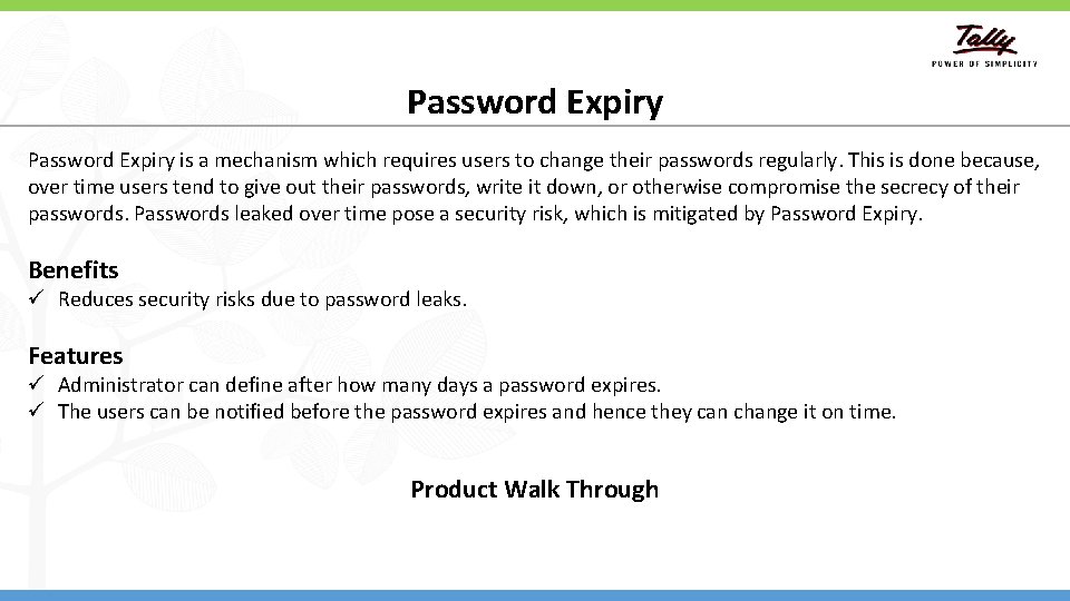 Tally Vault Password Policy Agenda Introduction on Tally