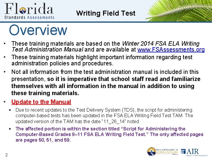 Writing Field Test School Assessment Coordinator Training December