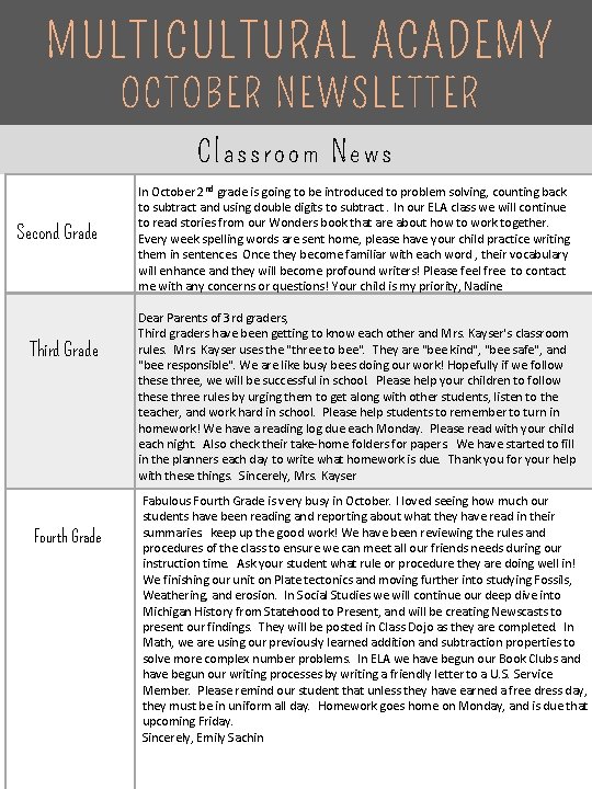 MULTICULTURAL ACADEMY OCTOBER NEWSLETTER 5550 Platt Rd Ann