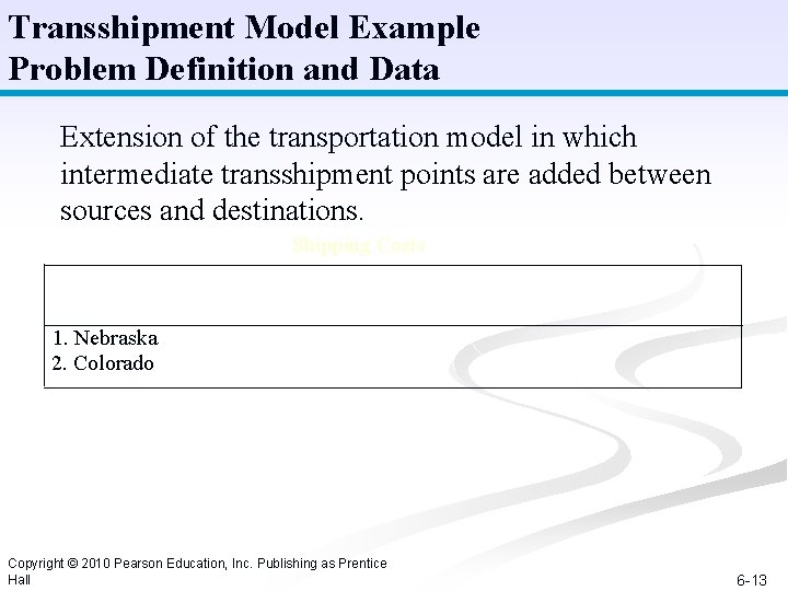Transportation Transshipment and Assignment Problems Chapter 6 Copyright