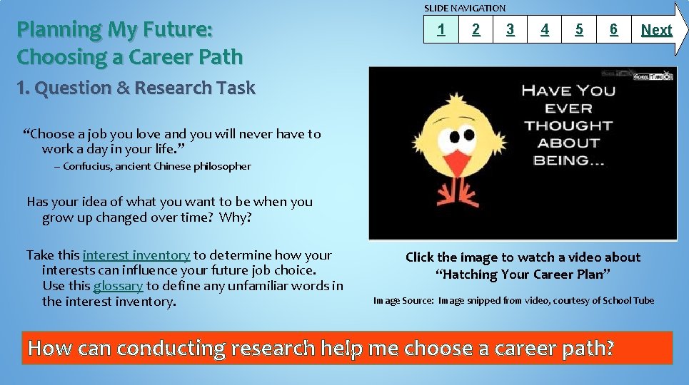 SLIDE NAVIGATION Planning My Future Choosing a Career