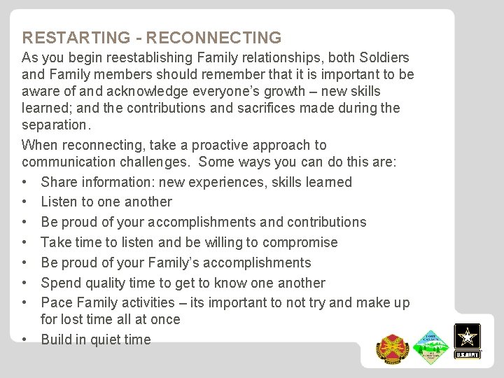 WELCOME HOME ACS Reintegration Training This online version