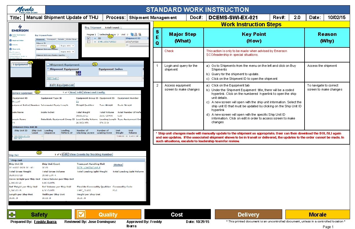 STANDARD WORK INSTRUCTION Title Manual Shipment Update of