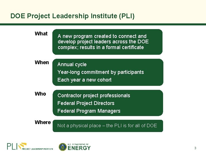 The DOE Project Leadership Institute Briefing for the