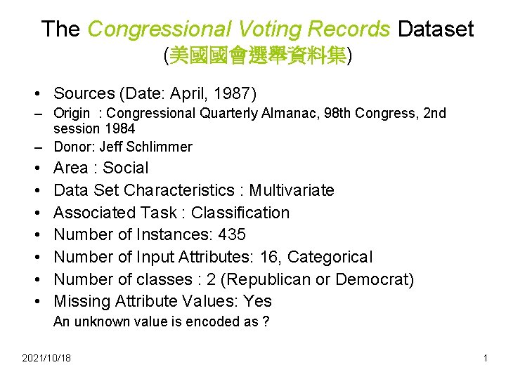 The Congressional Voting Records Dataset Sources Date April