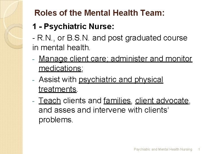 Roles of the Mental Health Team 1 Psychiatric
