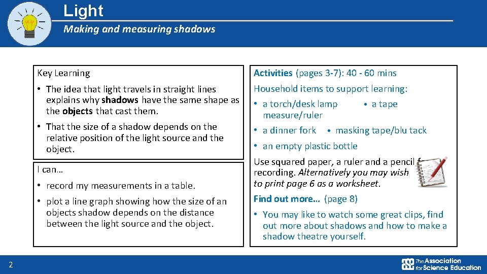 Year 6 Light Making and measuring shadows Year