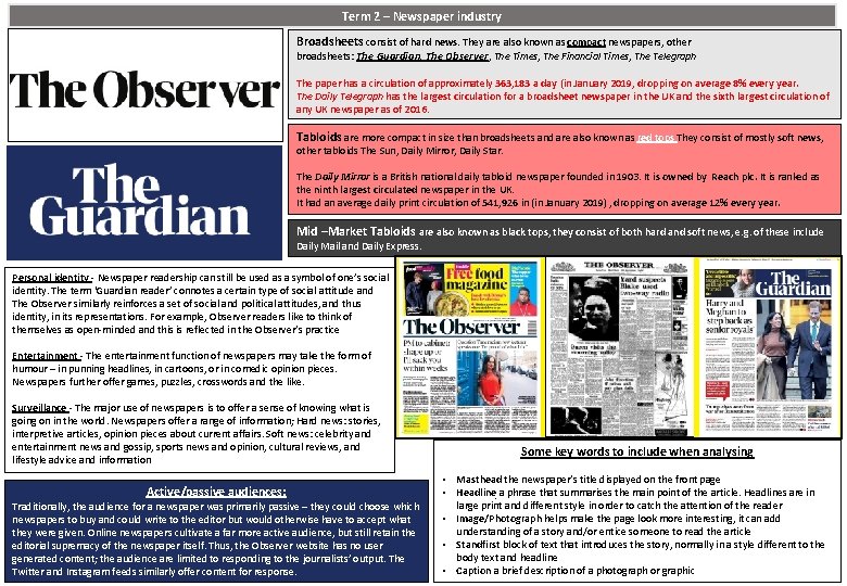 Term 2 Newspaper industry Broadsheets consist of hard